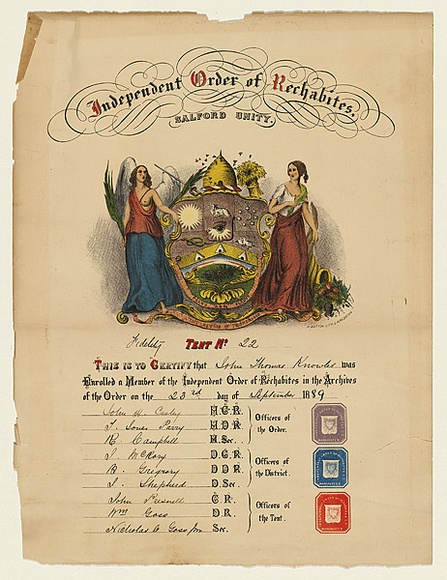 Certificate for the independent Order of Rechabites. (1889 – 23 ...
