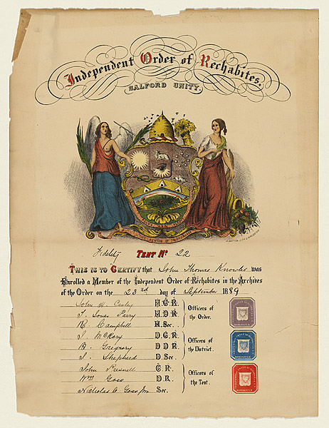 Certificate for the independent Order of Rechabites. (1889 – 23 ...